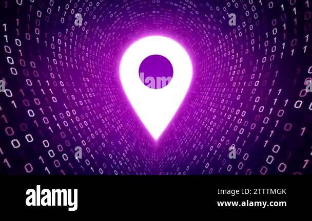 White location icon form white binary tunnel on violet background. Seamless loop. More icons and ...