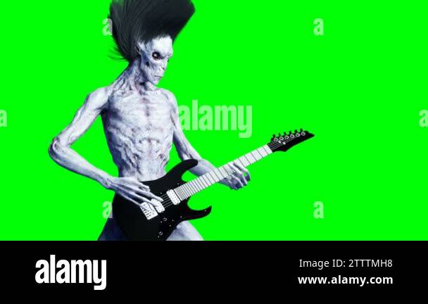 Funny alien plays on electric guitar. Realistic motion and skin shaders ...