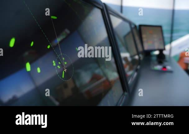 PC screens with smart navigation equipment on a merchant ship in spring ...