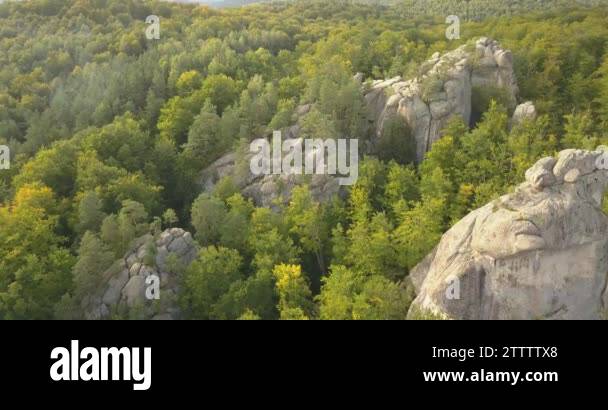 Aerial view to Dovbush Rocks in Bubnyshche - a legendary place, the ...