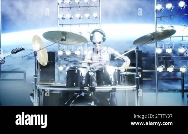 Alien rock party on space ship. Concert. Guitar, bass and drum play ...