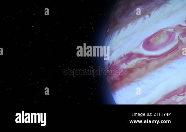 Spaceship flies past Jupiter and shining lights of engines, 3d ...