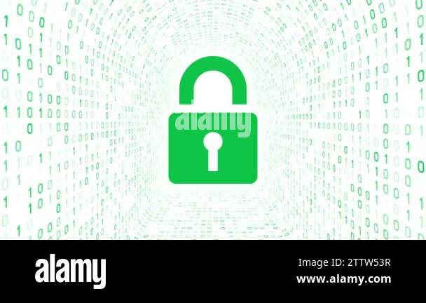 Green lock icon form green binary tunnel on white background. Computer security concept ...