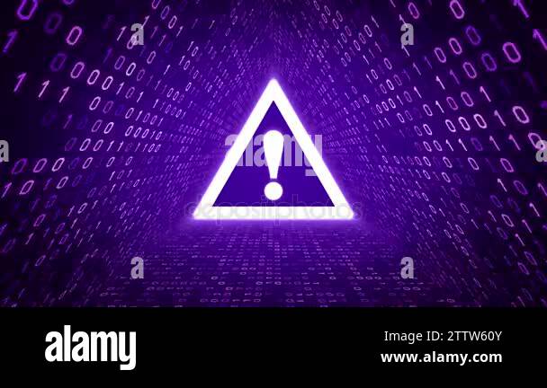 White attention sign form purple binary tunnel on purple background ...