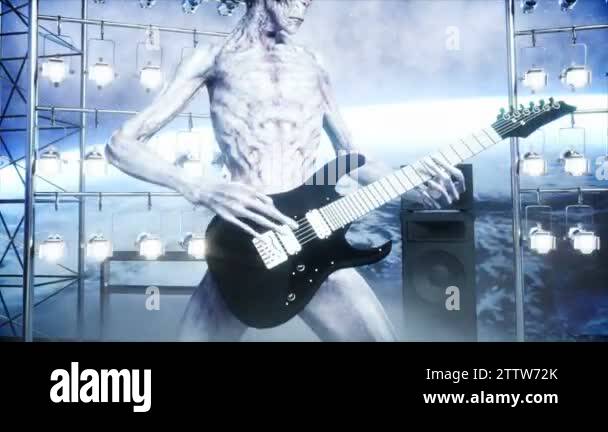 Alien rock party on space ship. Concert. Guitar, bass and drum play ...