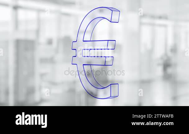 Hand drawn Euro symbol rotating on the glass board. Painted by blue ...