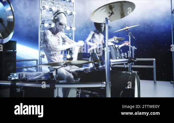 Alien rock party on space ship. Concert. Guitar, bass and drum play ...