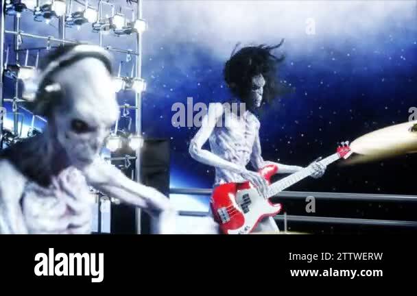 Alien rock party on space ship. Concert. Guitar, bass and drum play ...