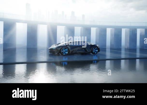 black futuristic electric car on seafront. Urban fog. Concept of future ...