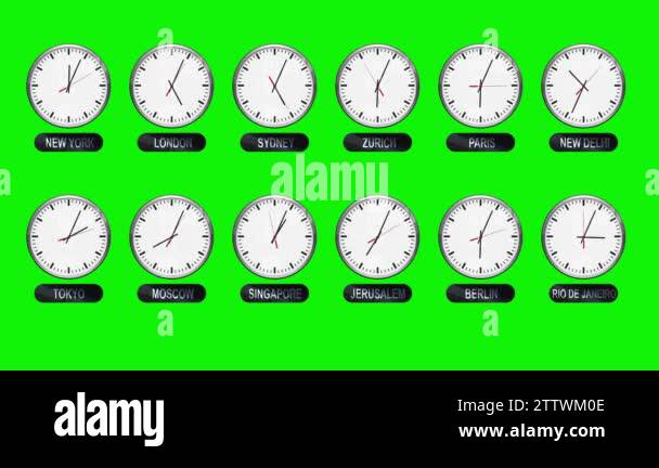 Different Time Zones Clocks on a Green Screen in Time Lapse Stock Video Footage - Alamy