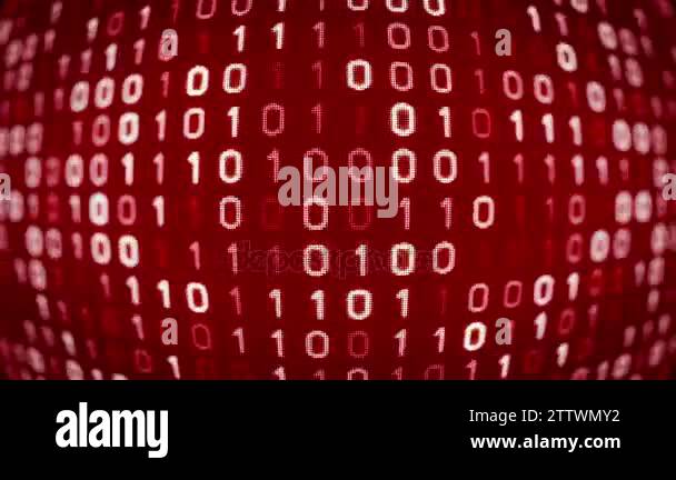 Technology red background with animated strokes of binary code on digital screen. Seamless loop ...