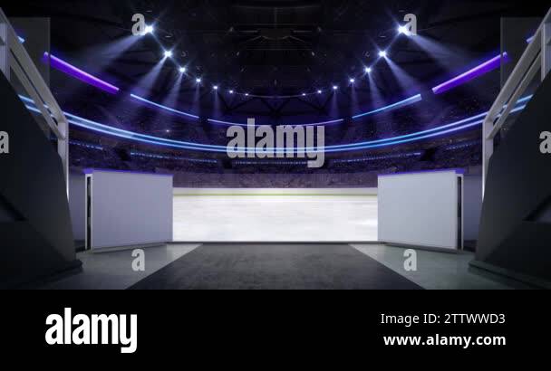 Entering the ice rink of the ice hockey stadium, sport match invitation ...