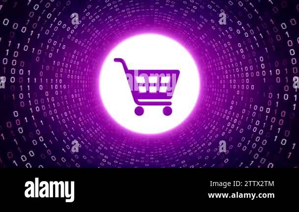 Violet shopping cart icon form white binary tunnel on violet background. Online shopping concept ...