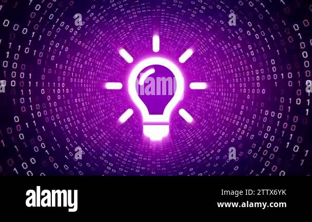 White light bulb icon form white binary tunnel on violet background ...