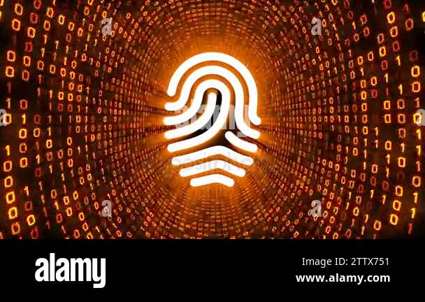 White fingerprint icon form gold binary tunnel on black background. Digital security concept ...