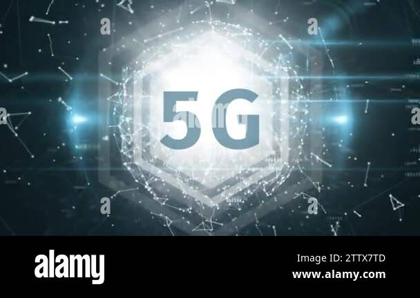 Digital animation of 5g logo on a button surrounded by white data ...