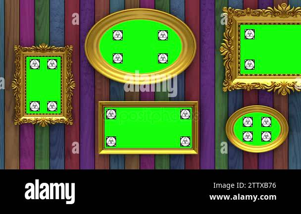 Picture gallery 3d animation. Gold picture frames on varicolored wood ...
