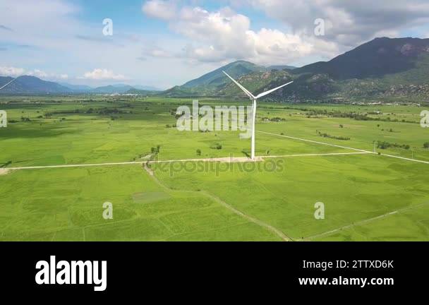 pictorial aerial panorama single wind turbine blades on towers rotate ...