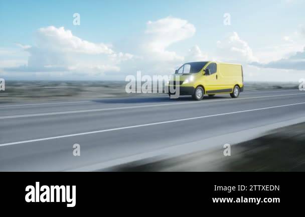Yellow delivery van on highway. Very fast driving. Transport and ...