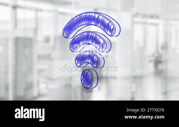Hand drawn Wi-Fi icon rotating on the glass board. Painted by blue ...