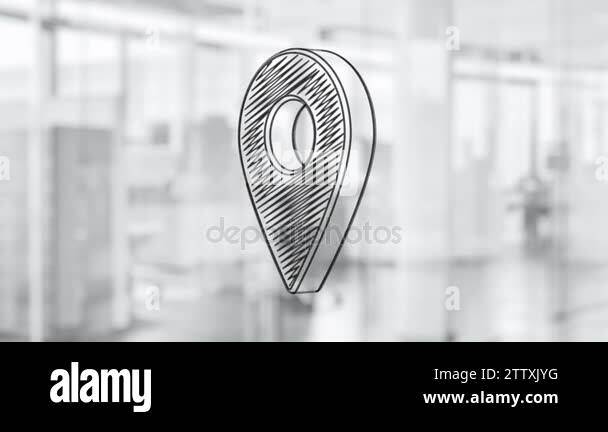 Hand drawn location pin rotating on the glass board. Painted by black ...