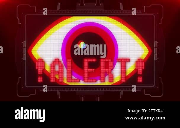 jumpy RGB red eye symbol and alert warning on futuristic screen display ...