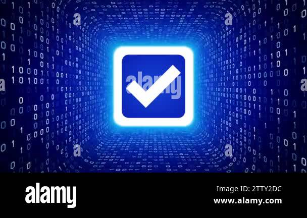 White check mark icon form white binary tunnel on blue background ...