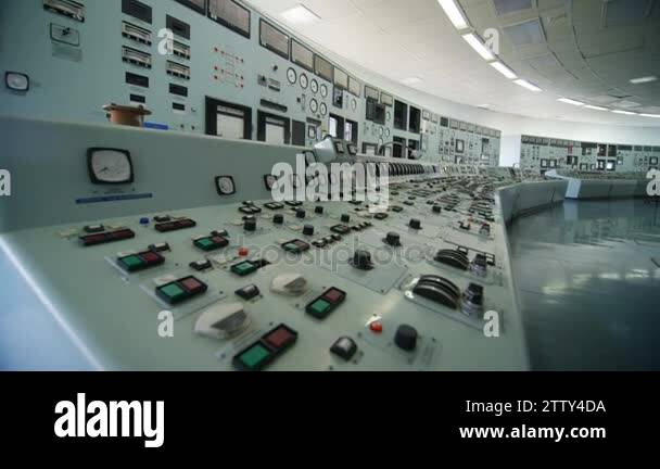 4K Interior view of system control panel in power plant control room ...