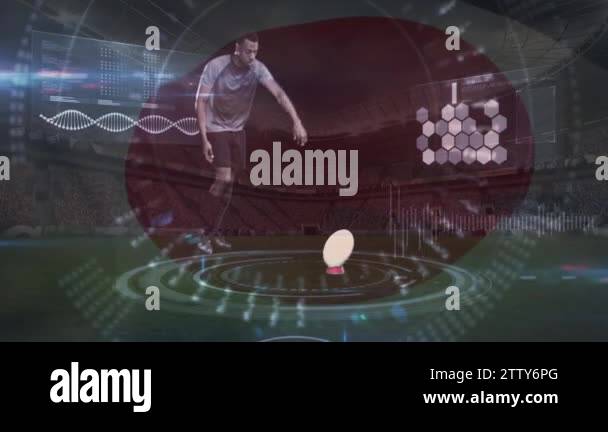 Digital composite of a rugby player kicking in the ball while being ...