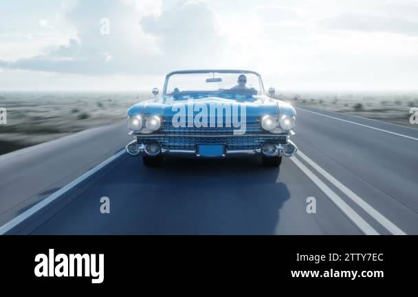 Blue vintage, retro car on road, highway. Daylight. Very fast driving ...