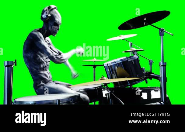 Funny alien plays on drums. Realistic motion and skin shaders. 4K green ...