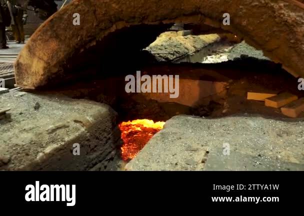 Close up for the blast furnace with molten steel inside, heavy industry ...