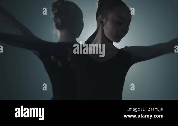 Portrait of two graceful professional ballerinas dancing on her pointe ...