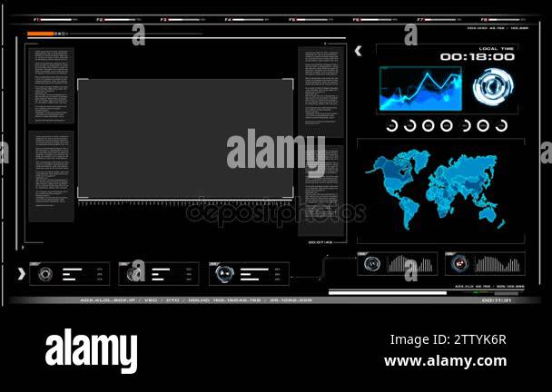 4K Animation UI User Interface with world map data HUD pi bar text box ...