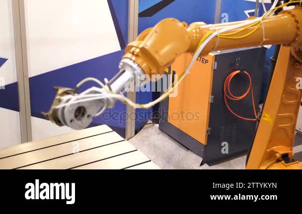 Moscow, Russia - 15 OCT 2017 : Industrial robot manipulator movements ...
