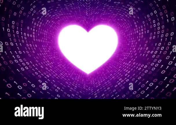 White heart icon form white binary tunnel on violet background. Seamless loop. More icons and ...