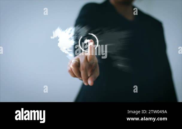 Hand of business woman pointing at UI world map with user interface and ...