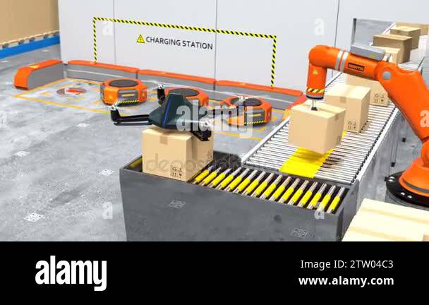 Drone delivery goods in modern warehouse. Robotic arm picking parcels ...