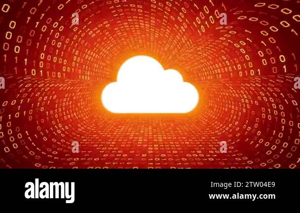 White cloud icon form yellow binary tunnel on orange background. Cloud technology concept ...