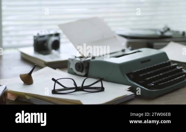 Old fashioned writer and reporter desk with typewriter, vintage camera ...