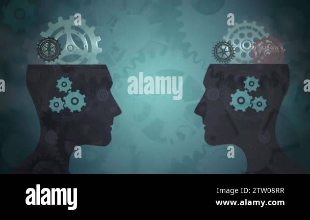 Digital composite of two heads open from the top showing that the brain ...