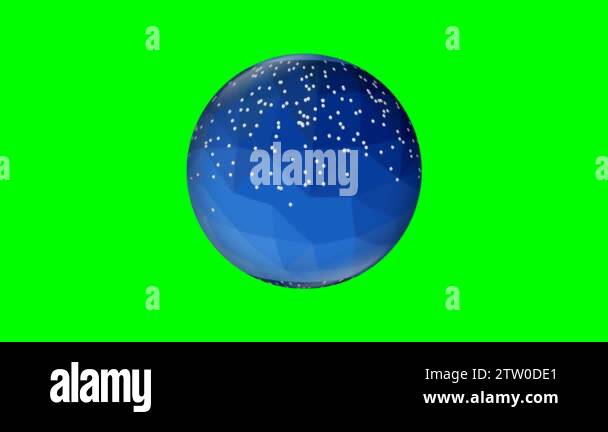 Abstract blue glass sphere with snow flakes, rotating slowly left and ...