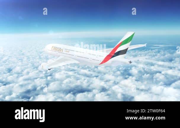 Emirates (UAE) Airbus A380 passenger aircraft flying high above the ...