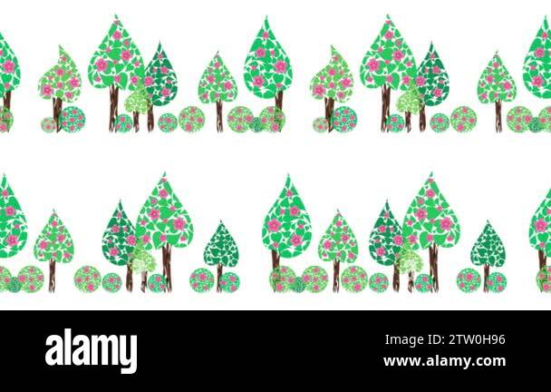 Two lines of cartoon blooming trees move in two different directions on ...