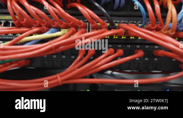 close-up of red and blue cables at server room background Stock Video ...