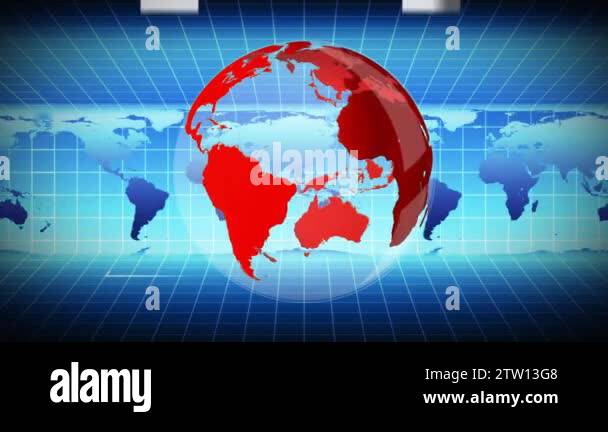 Digitally generated world map scrolling behind red rotating globe ...