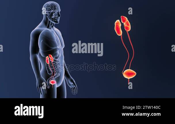 skeleton posterior view of human urinary system, out of body on blue ...