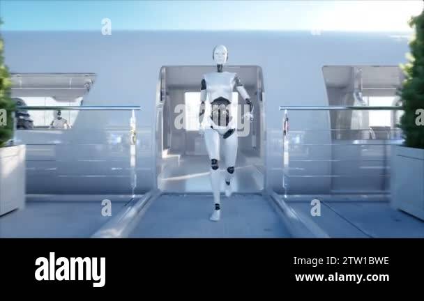 Female robot walking. Sci fi station. Futuristic monorail transport ...