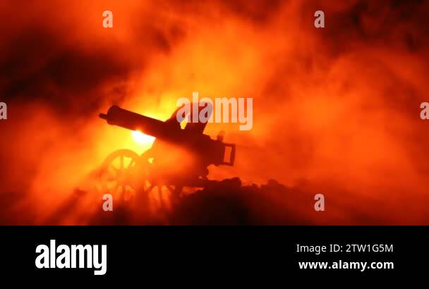Maxim gun in 1910 sample year. After battle scene with fog. orange ...