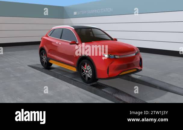 Electric SUV car exchange battery in battery swapping station. Fast ...